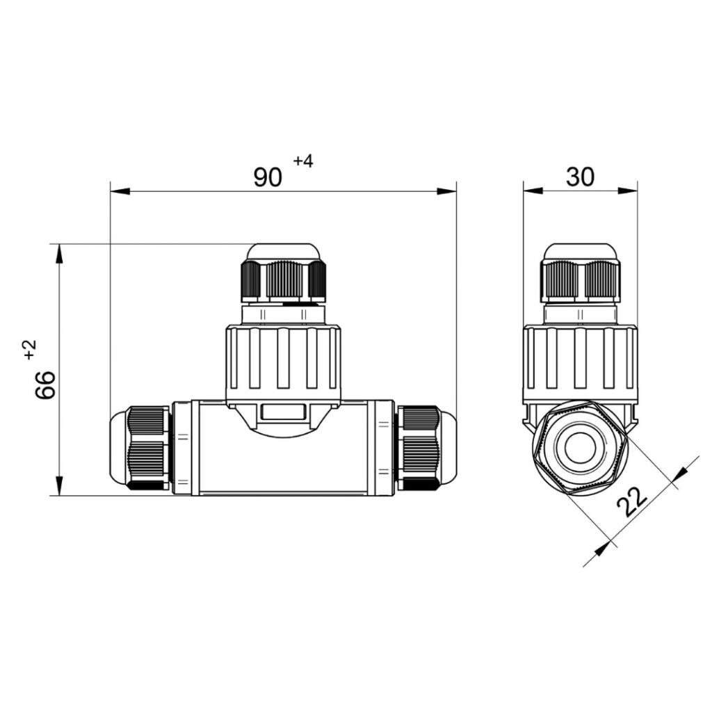 Conector T Hermético IP68 para Derivación 1 Entrada y 2 Salidas