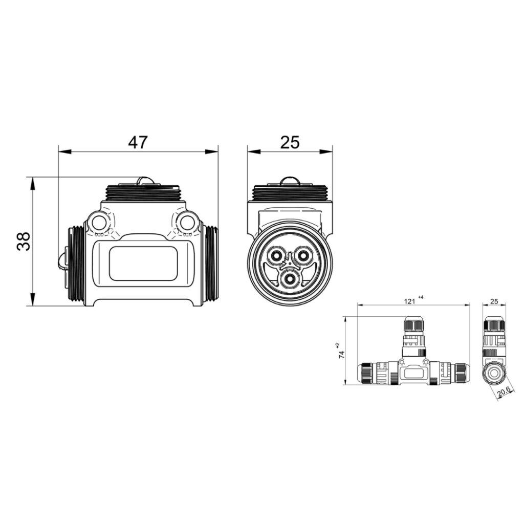 Conector T Hermético IP68 para Derivación Enchufable 2 Polos
